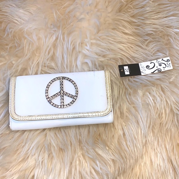 Bags | White Peace Sign Clutch Faux Leather And Bling | Poshmark